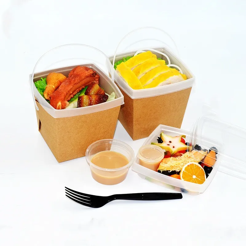 Disposable Kraft Paper Lunch Boxes With Handle Oil Proof Takeout Snack ...