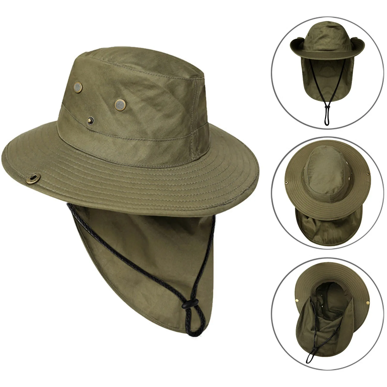 Mens Army Green Packable Bucket Hat With Shawl Veil Waterproof Outdoor ...