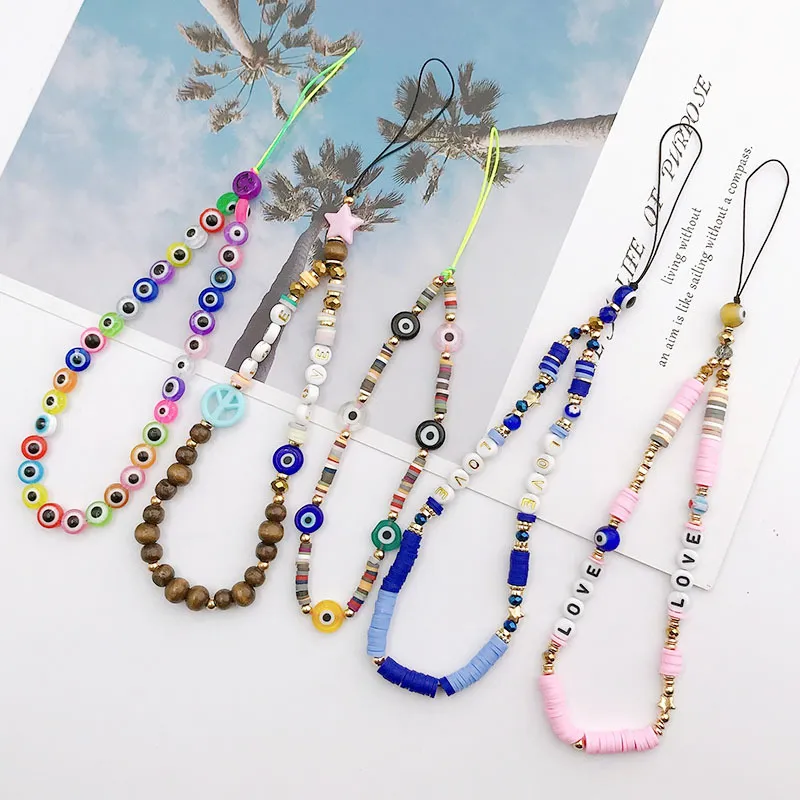 Beaded Phone Case Bohemian Evil Eye Wood Beads Cell Phone Necklace ...