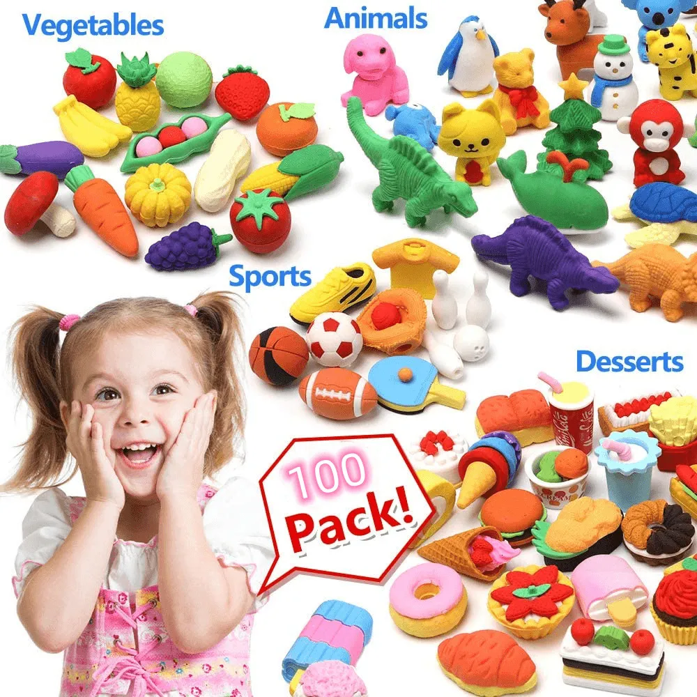 100 Cute Animal Erasers - Bulk Pencil Erasers for Kids, Party Favors ...