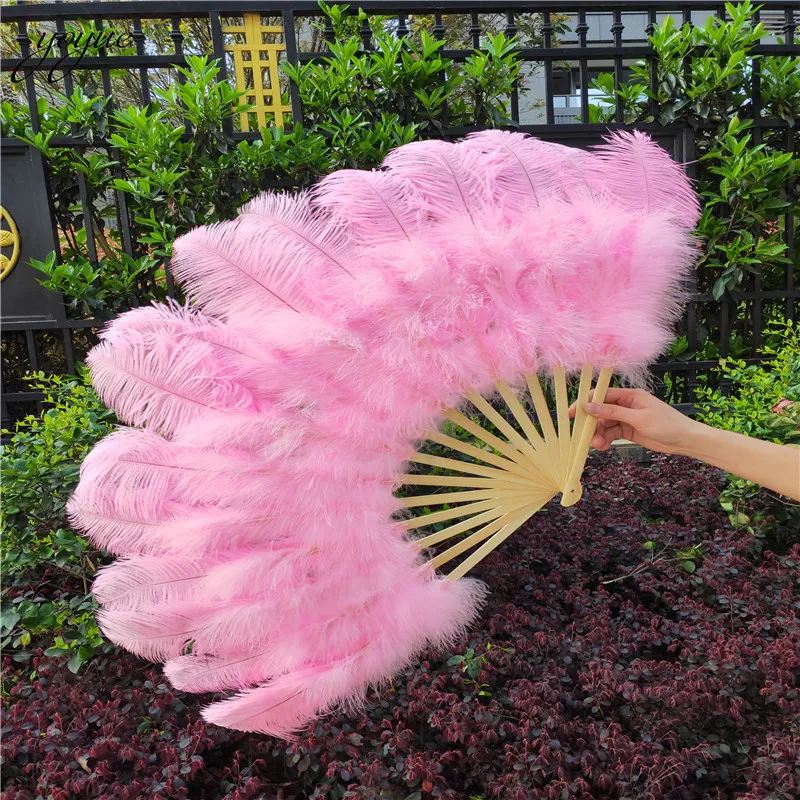 Pink Ostrich Feather Fan - 15 Bone Hand Fan for Halloween, Weddings ...