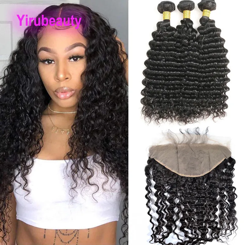 Brazilian Deep Wave Human Hair Bundles with 13x6 Lace Frontal - Natural ...