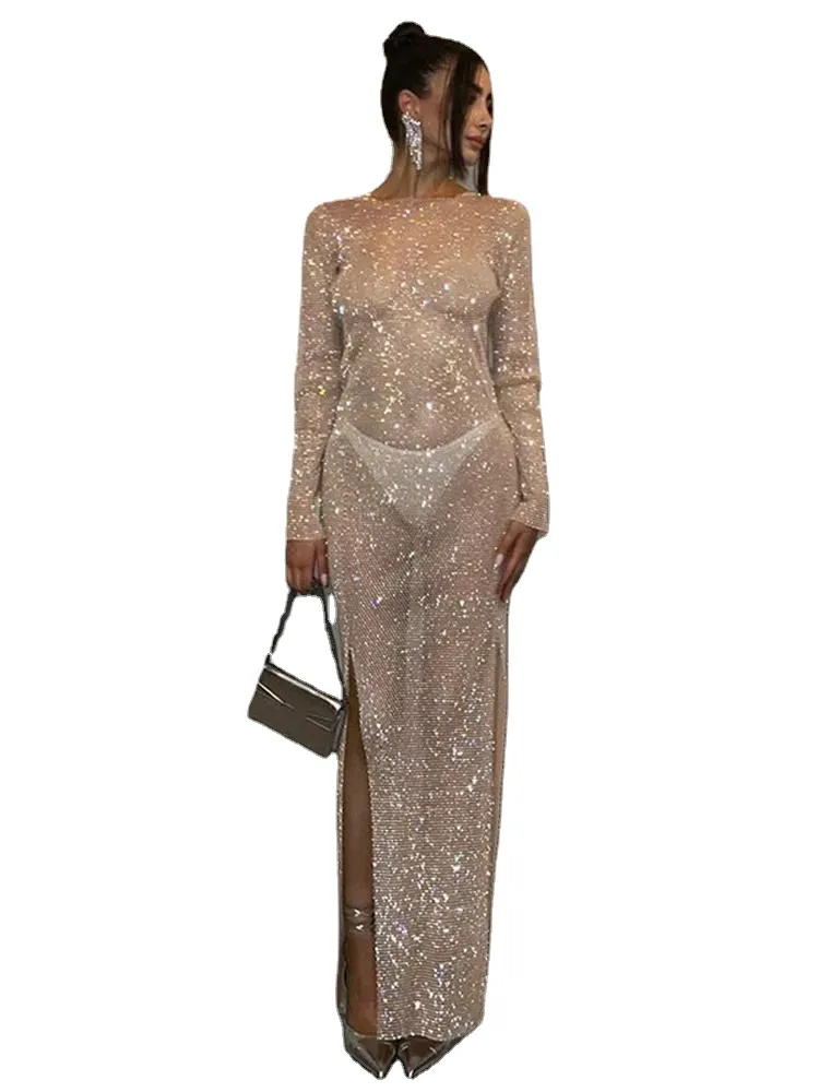 Sexy Rhinestone Mesh Party Dress - Women's See Through Long Sleeve Midi ...