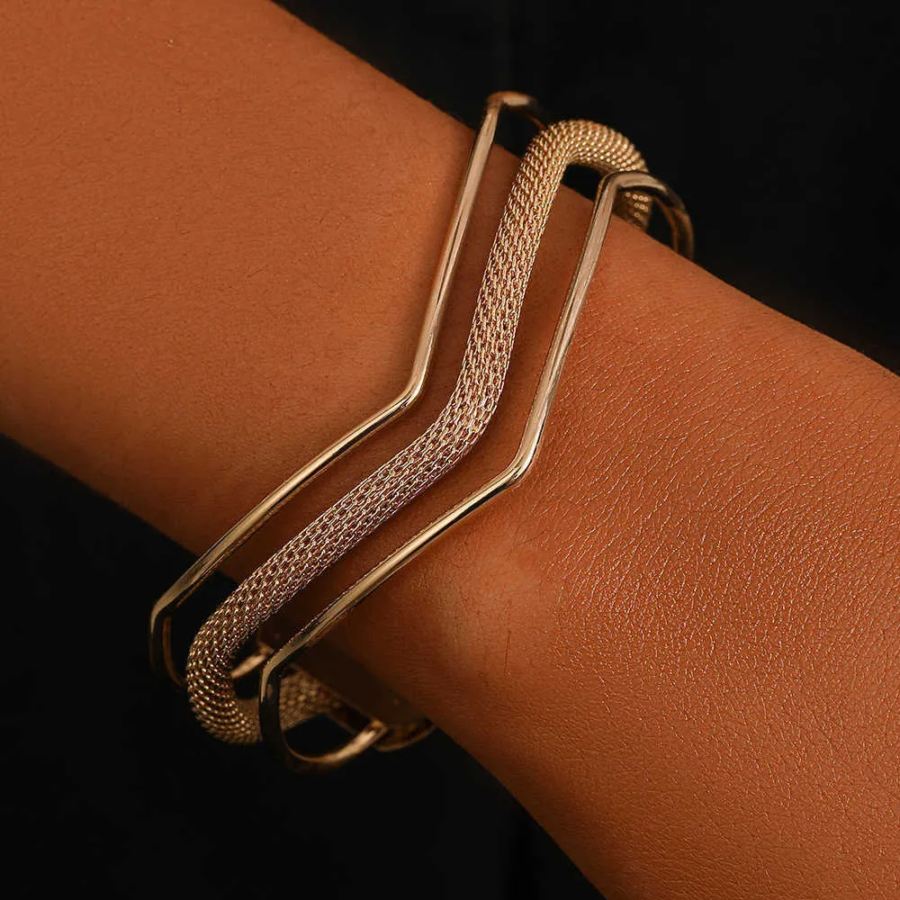 V-shaped 3 Layers Hollow Metal Mesh Bangle Bracelet for Women Open Cuff ...