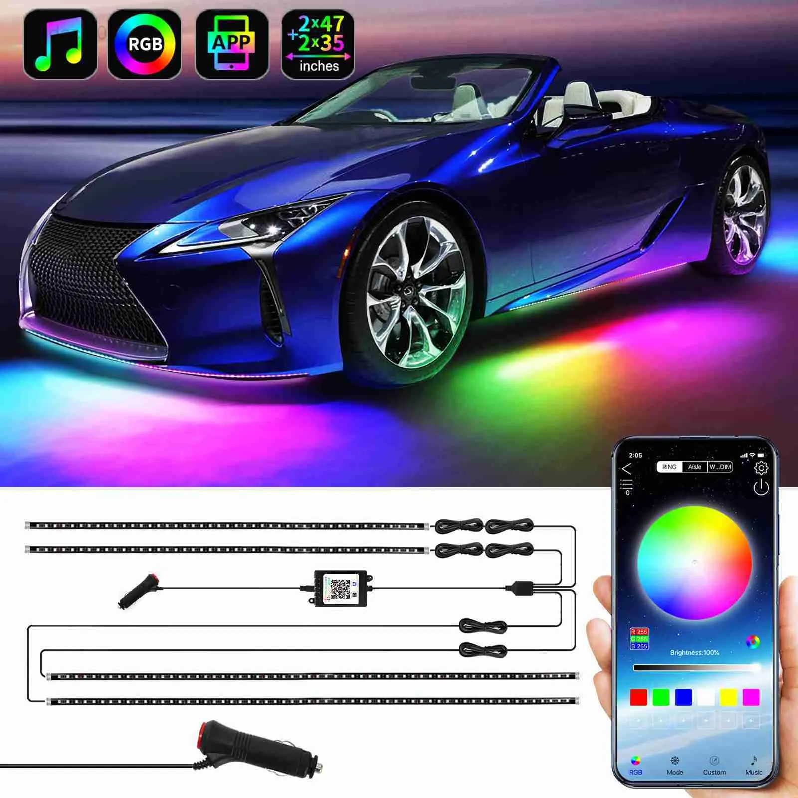 RGB Underglow LED Strip Kit - Flowing Color Under Car Lights, Bluetooth ...