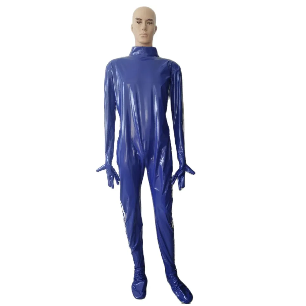 Mens Custom White Striped Blue PVC Faux Leather Catsuit With Back ...