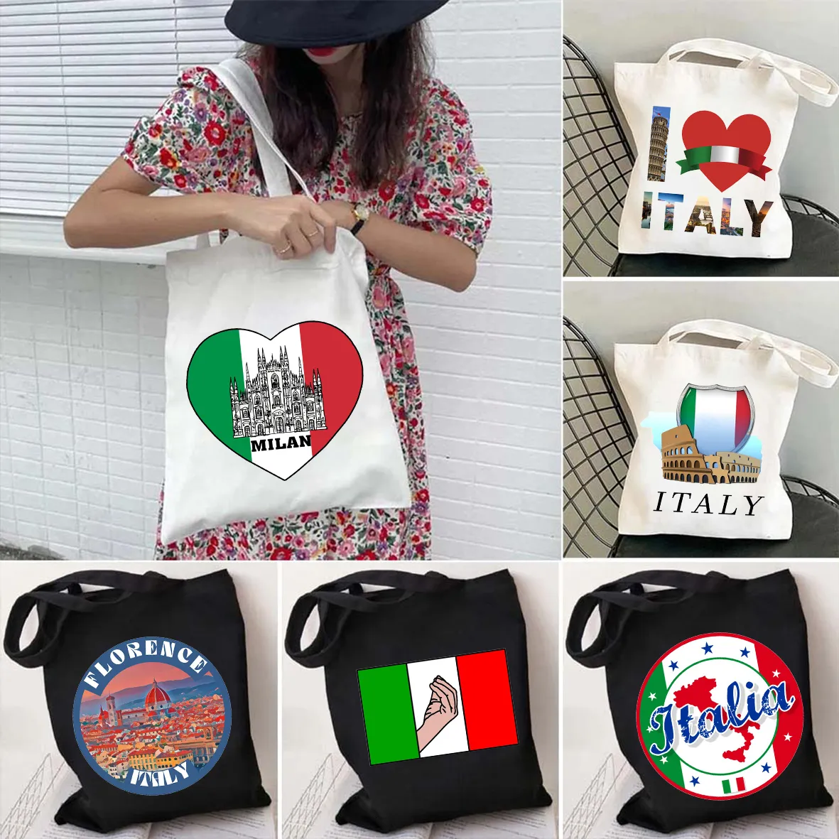 Italian Florence Pisa Tower Canvas Shopper Big Handbags For Women With ...