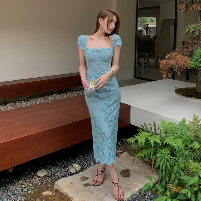 Elegant Square Neck Lake Blue Long Dress with Eyelash Lace and Wrap ...