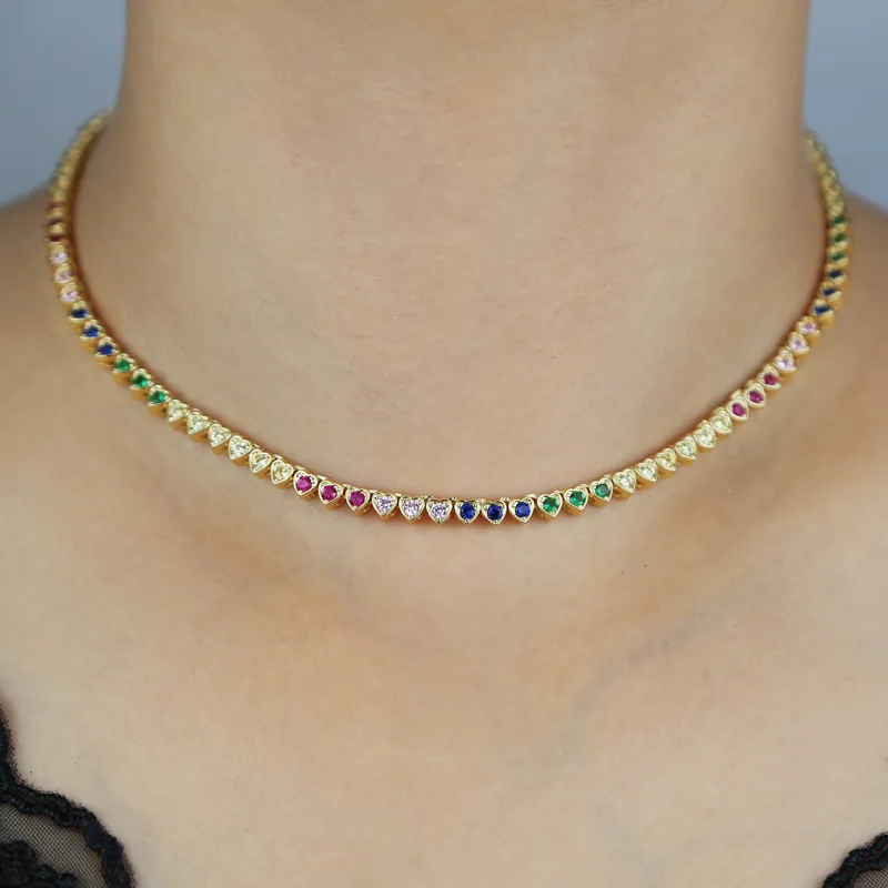 Iced Out Rainbow Heart Love Necklace High Quality Zirconia Hip Hop Body ...