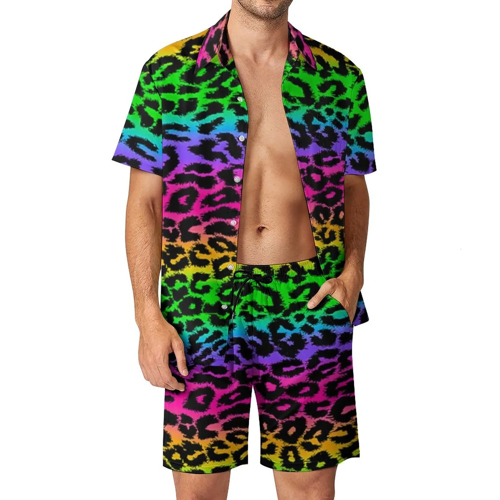 Retro Men's Tracksuit Set Short Sleeve Leopard Rainbow Print Summer ...