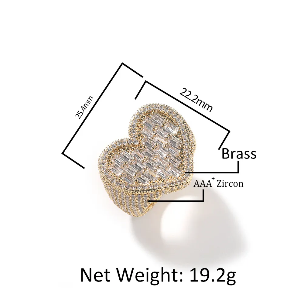 Iced Out Bling Ring - Big Heart Hip Hop Rapper Ring w/ White Baguette ...