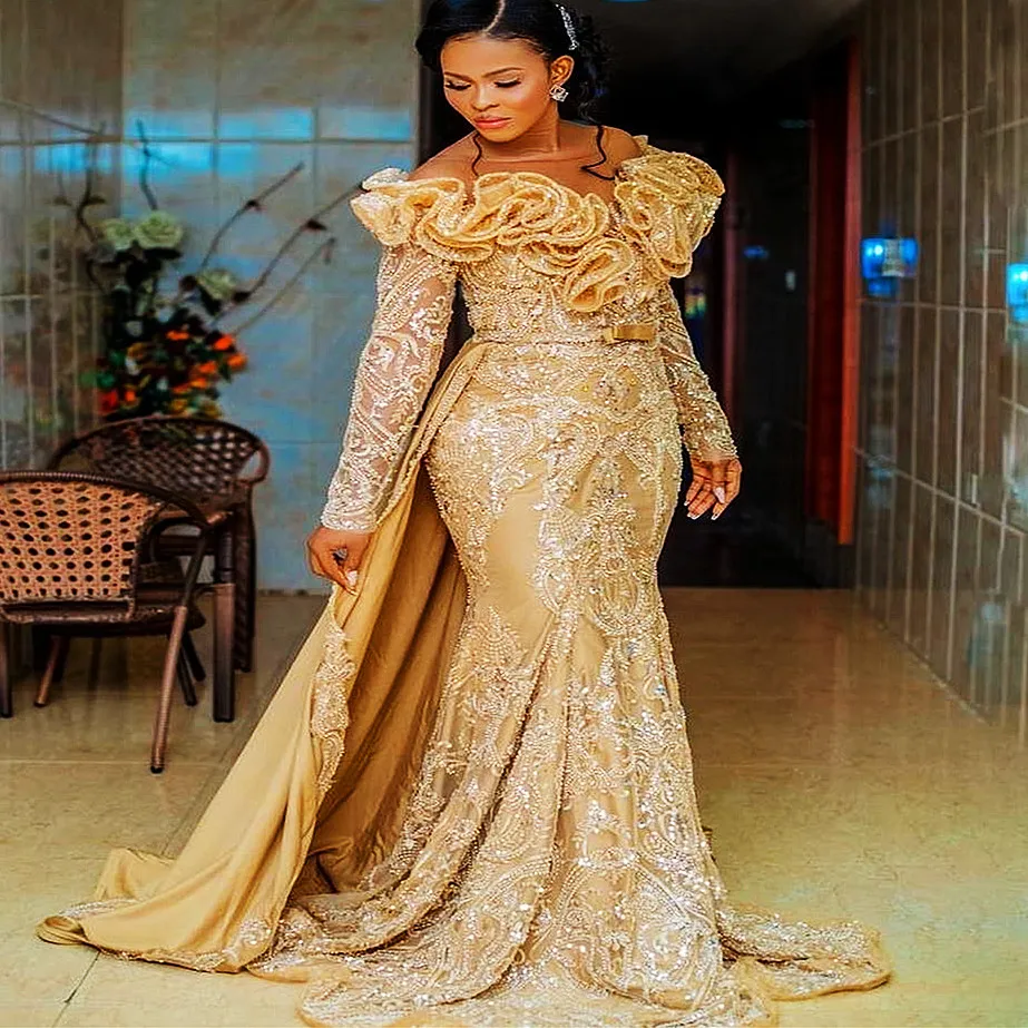 Gold Sequined Lace Mermaid Von Maur Prom Dresses For 2023 Evening ...