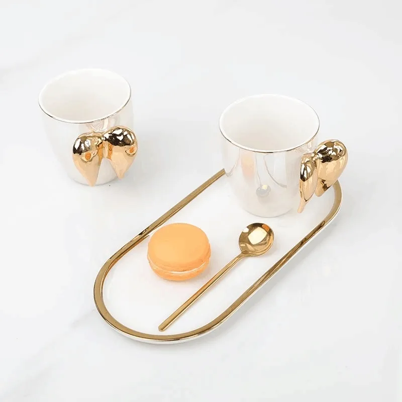 Gold Plated Angel Wings Double Wall Coffee Cups Cup With White Ceramic ...