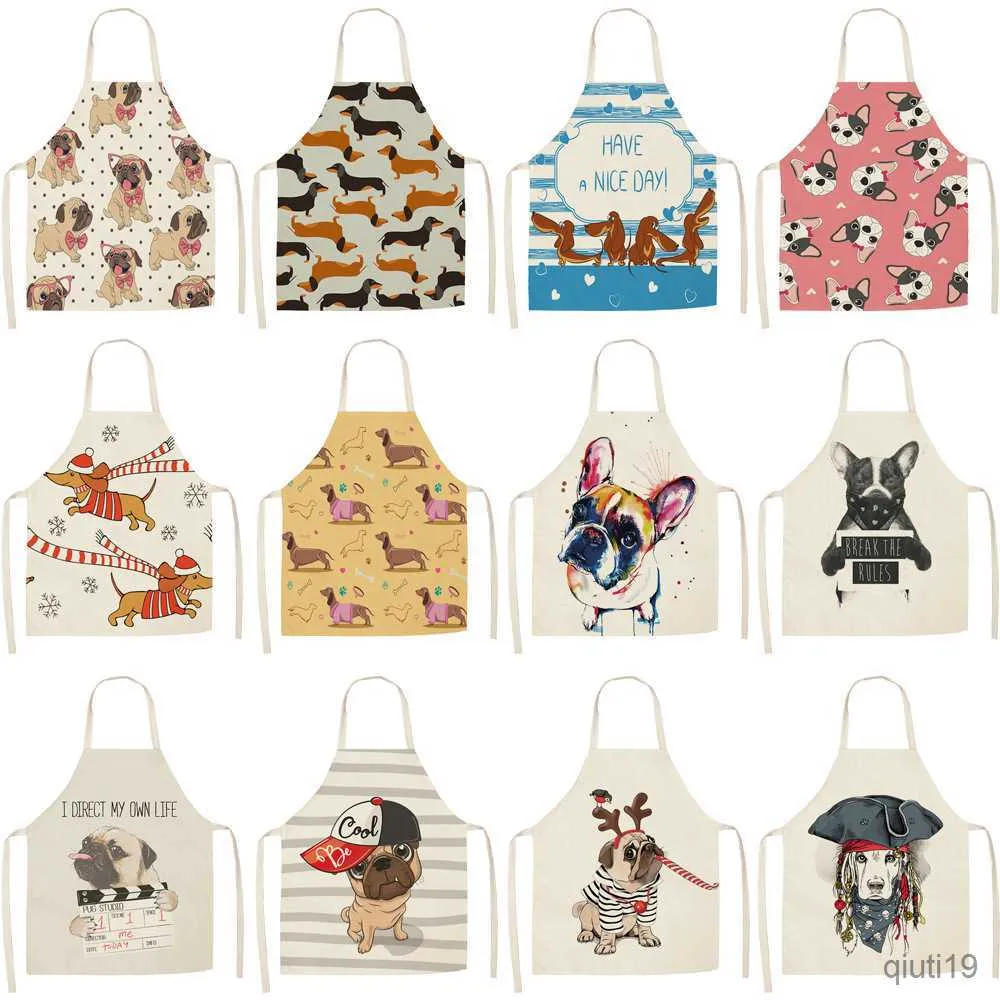 DHgate.com:Cotton Linen Bulldog Dog Print Kitchen Apron for Unisex ...
