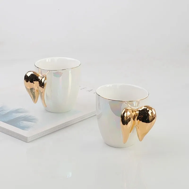 Gold Plated Angel Wings Double Wall Coffee Cups Cup With White Ceramic ...