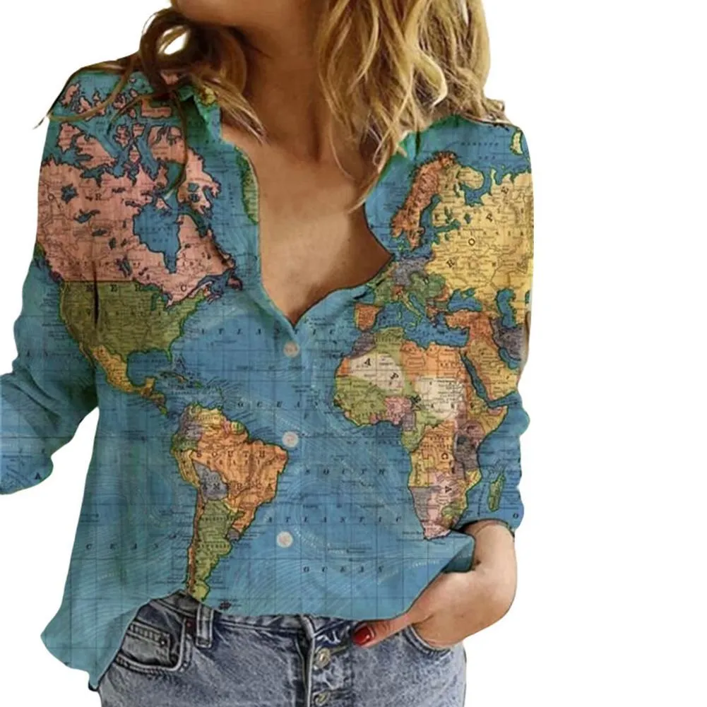 World Map Print Blouse - Women's Geography Pattern Shirt, Long Sleeve ...