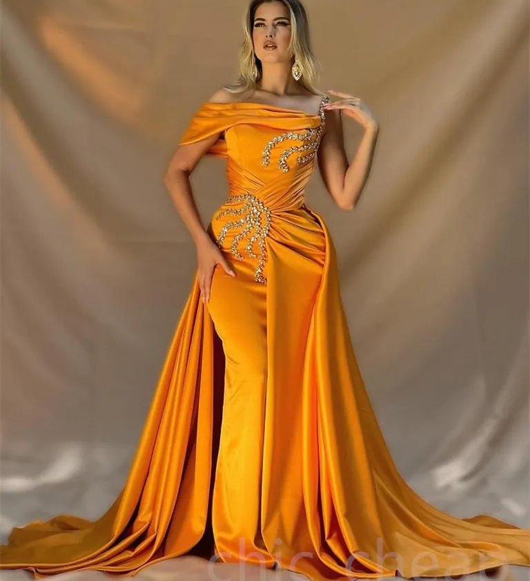 Mermaid Orange Satin Orange Prom Dresses 2023 With Crystals For Formal ...