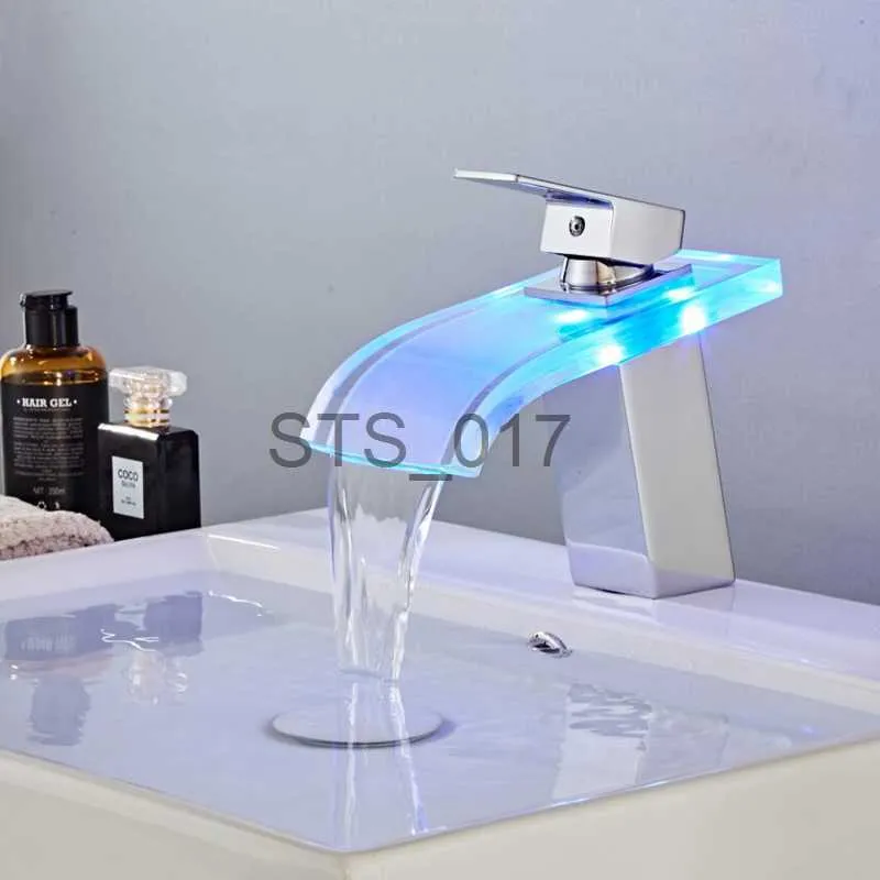 LED Waterfall Bathroom Faucet - Brass Basin Mixer Tap with Temperature Color Change, Deck ...