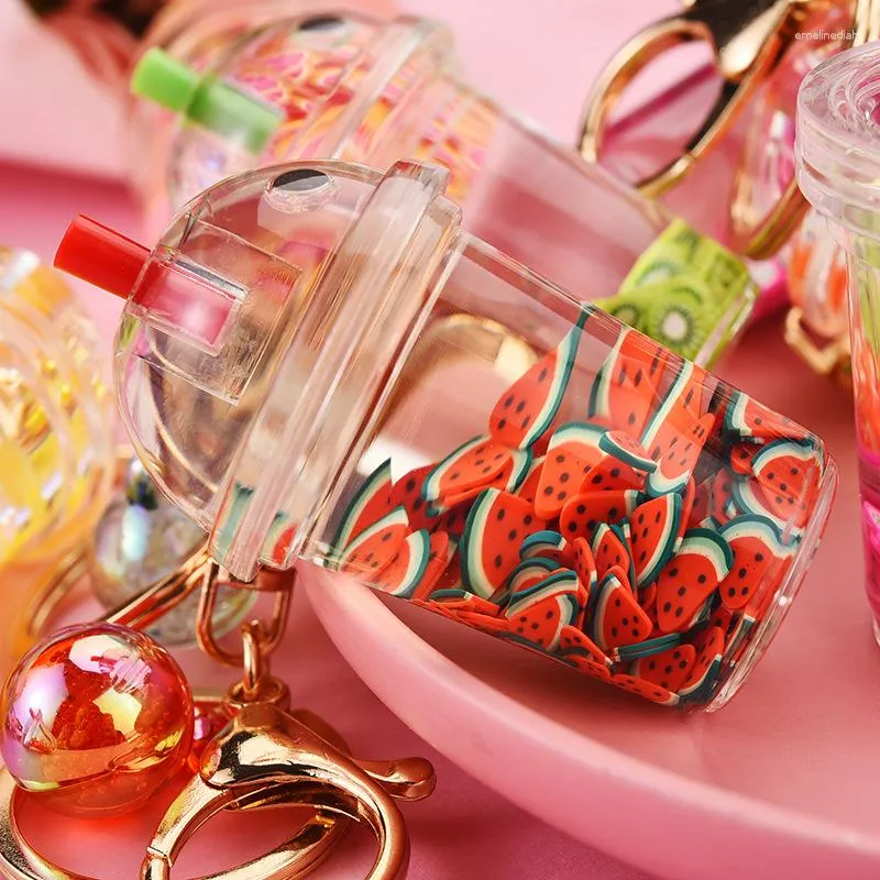Floating Fruit Keychain: Watermelon, Lemon & Milk Bottle Design Cute Liquid Quicksand Keyring ...