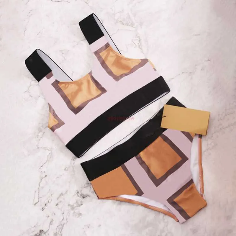 DHgate.com:Girls Fashionable Two-Piece Swimwear Set Letter Striped ...