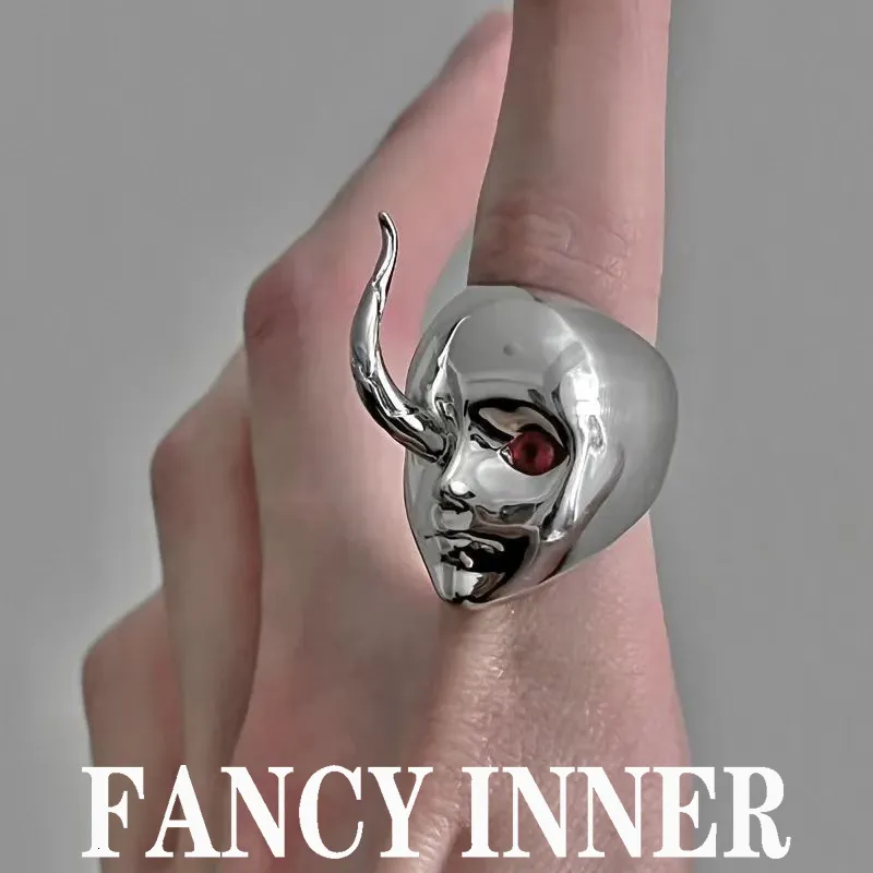 Gothic Mens Wedding Rings Cyberpunk Demon Ring Silver Horned Human Face ...