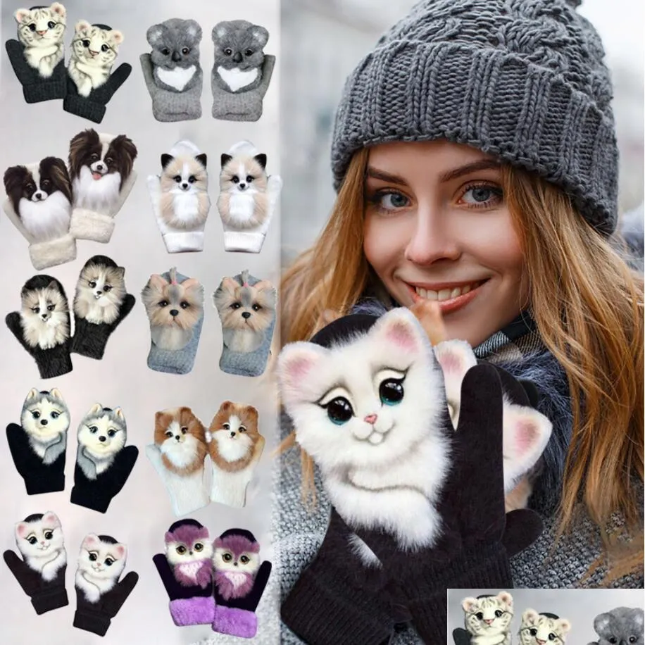 Fur Lined Leather Mittens, Cute 3D Animal Plush Winter Gloves, Soft ...