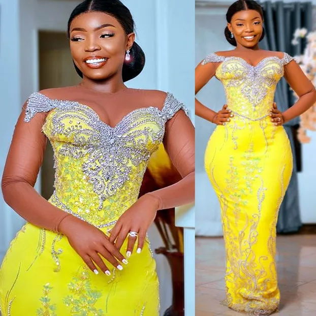 Yellow Beaded Crystal Sheath Yellow Prom Dresses 2023 For 2023 Evening ...