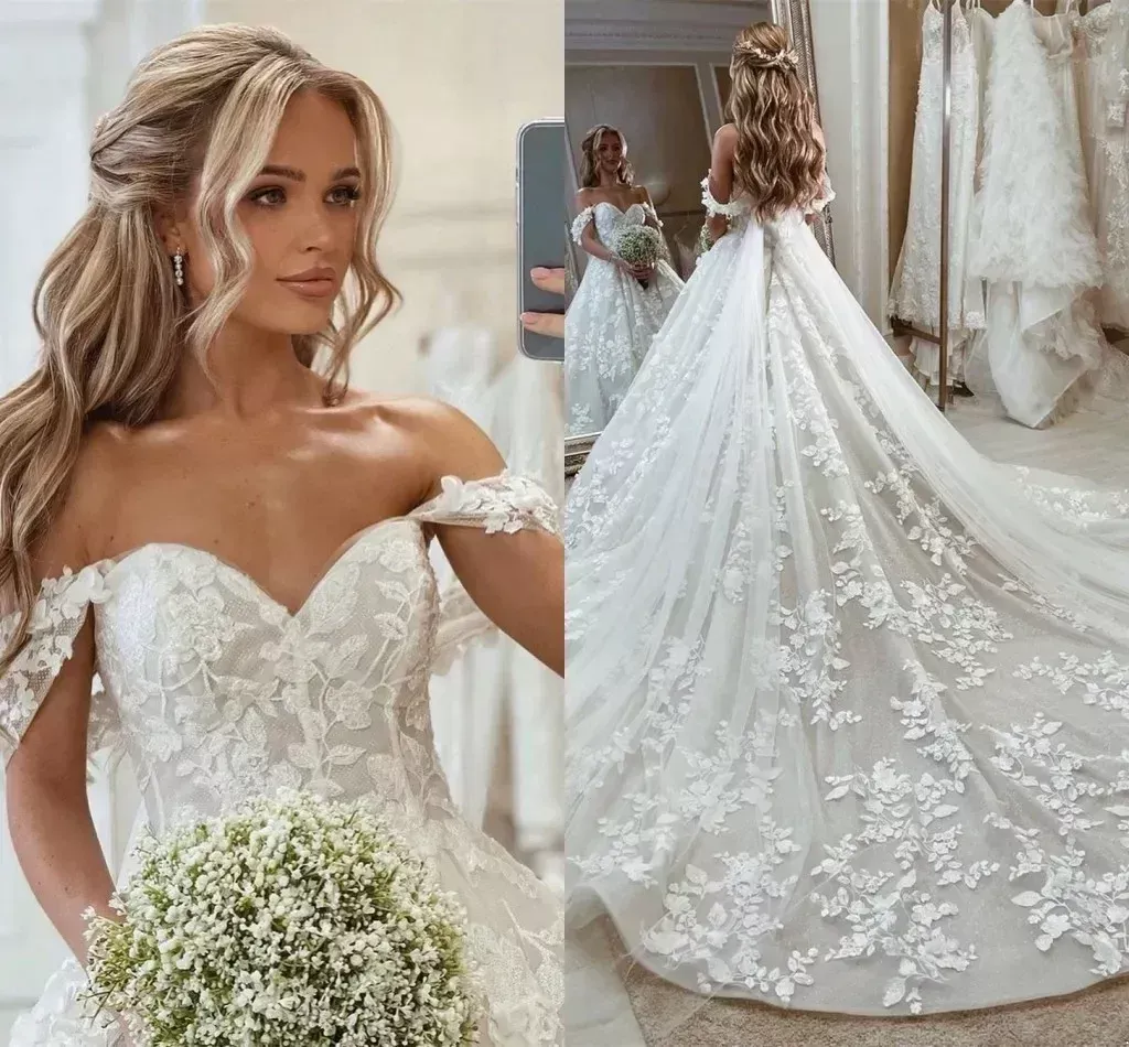 Elegant Lace Applique Wedding Gown: Off-Shoulder, Backless, Long Train ...