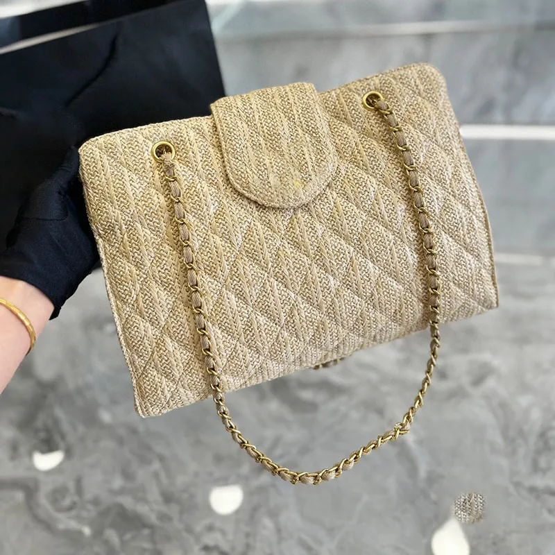Gold Designer Handbag Straw Flap Shoulder Bag: Woven Shopper Tote With ...