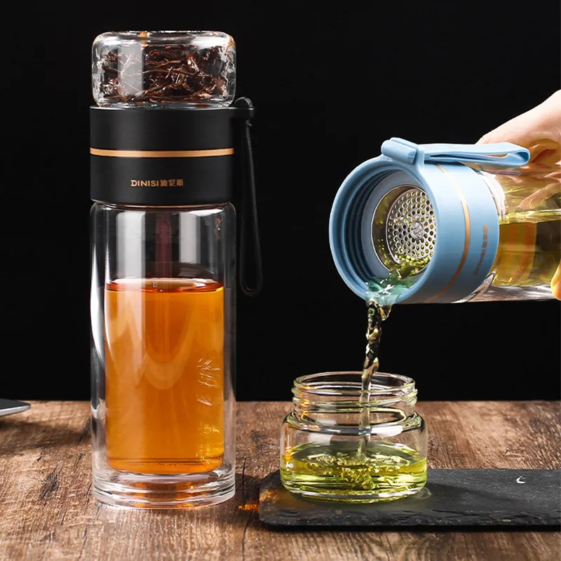Portable Glass Tea Infuser Bottle - 350-400ml Double Wall Water Bottle ...