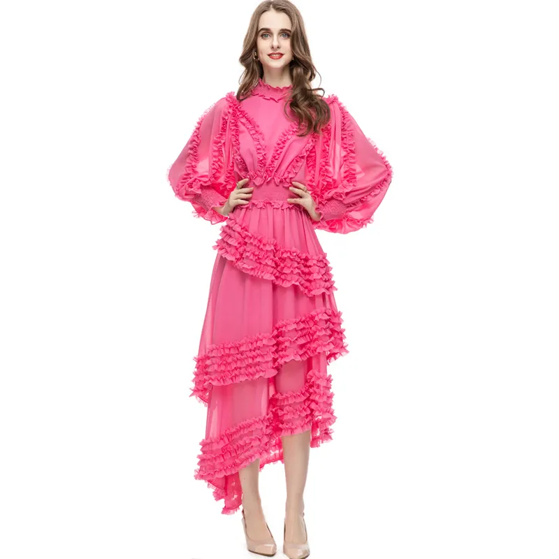 Elegant Asymmetrical Stand Collar Designer Dress with Lantern Sleeves ...
