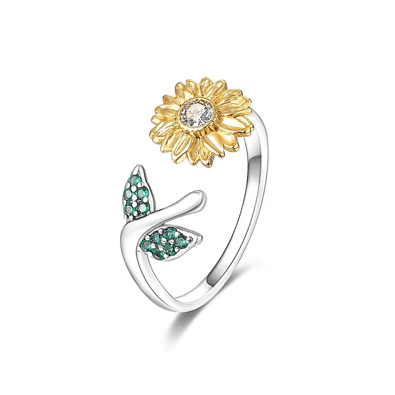 2023 التصميم الأصلي لخواتم الذهب Sunflower Open للنساء S925 Silver Zircon Rings أنيقة للحفلات ...