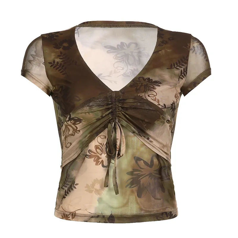 Vintage Y2K Print Brown T Shirt Womens 2000s V Neck Short Vintage Y2K Print Brown T Shirt Womens 2000s V Neck Short