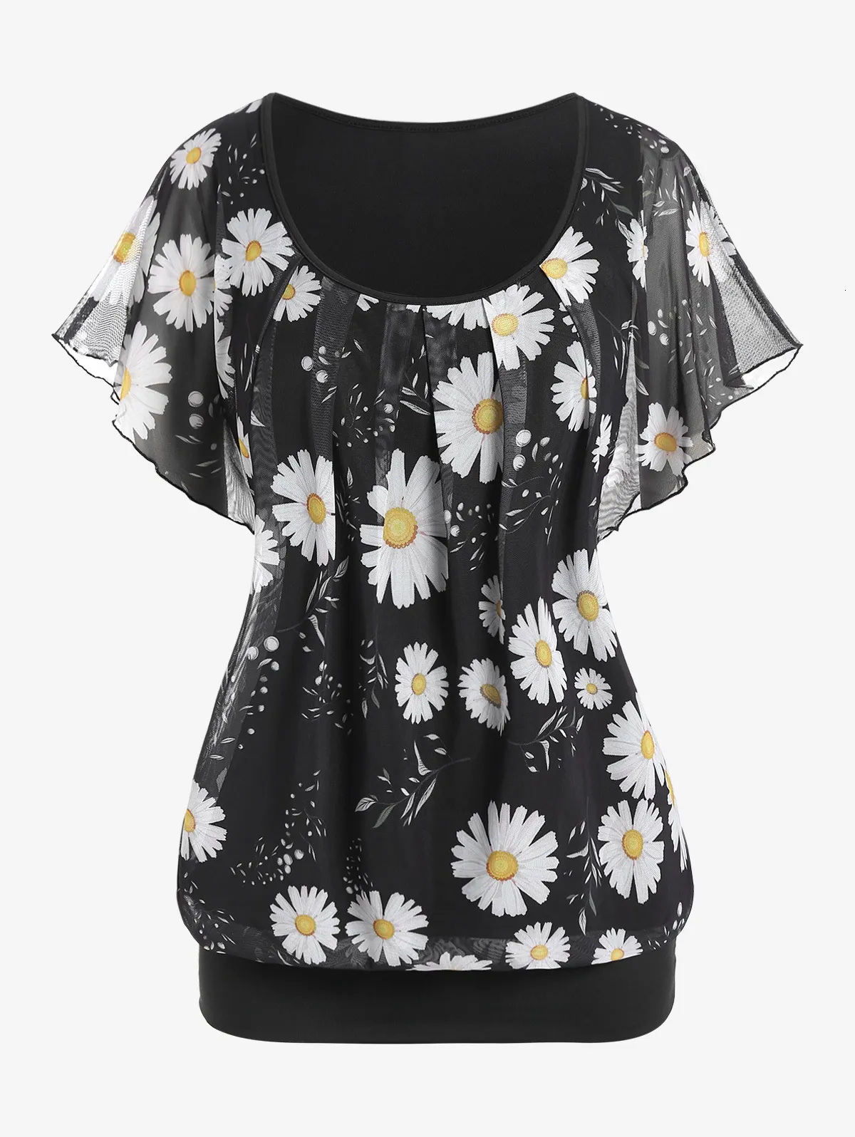 DHgate.com:ROSEGAL Plus Size Daisy Mesh Overlay Flutter Sleeves Blouson ...