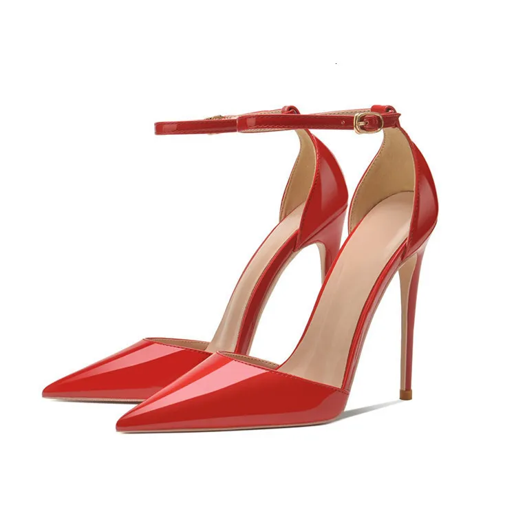 Wholesale Exquisite Pointed Toe Ankle Strap Black Stiletto Shoes 12cm