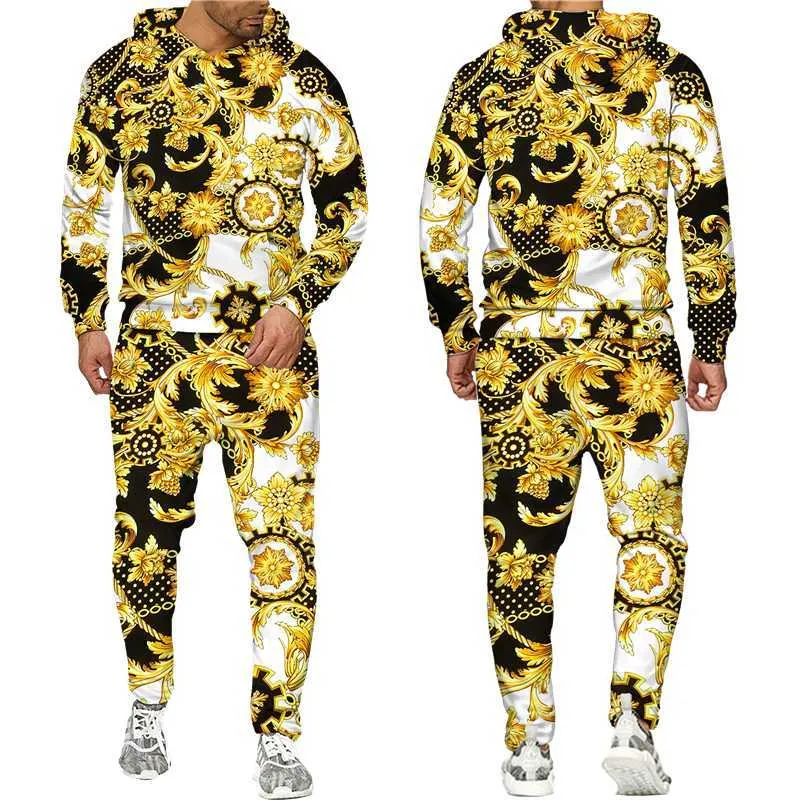 Men's Baroque Tracksuit Set: 3D Crown & Gold Chain Print Hoodie Pants ...