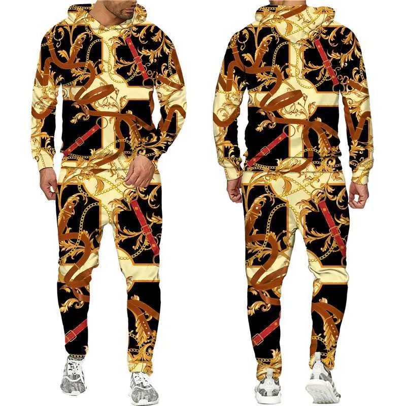 Men's Baroque Tracksuit Set: 3D Crown & Gold Chain Print Hoodie Pants ...