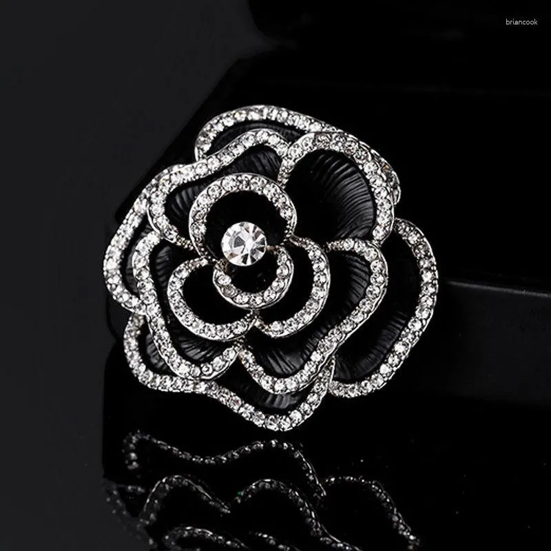 Luxury Enamel Pewter Alloy Camellia Flower Brooch With White Crystal ...