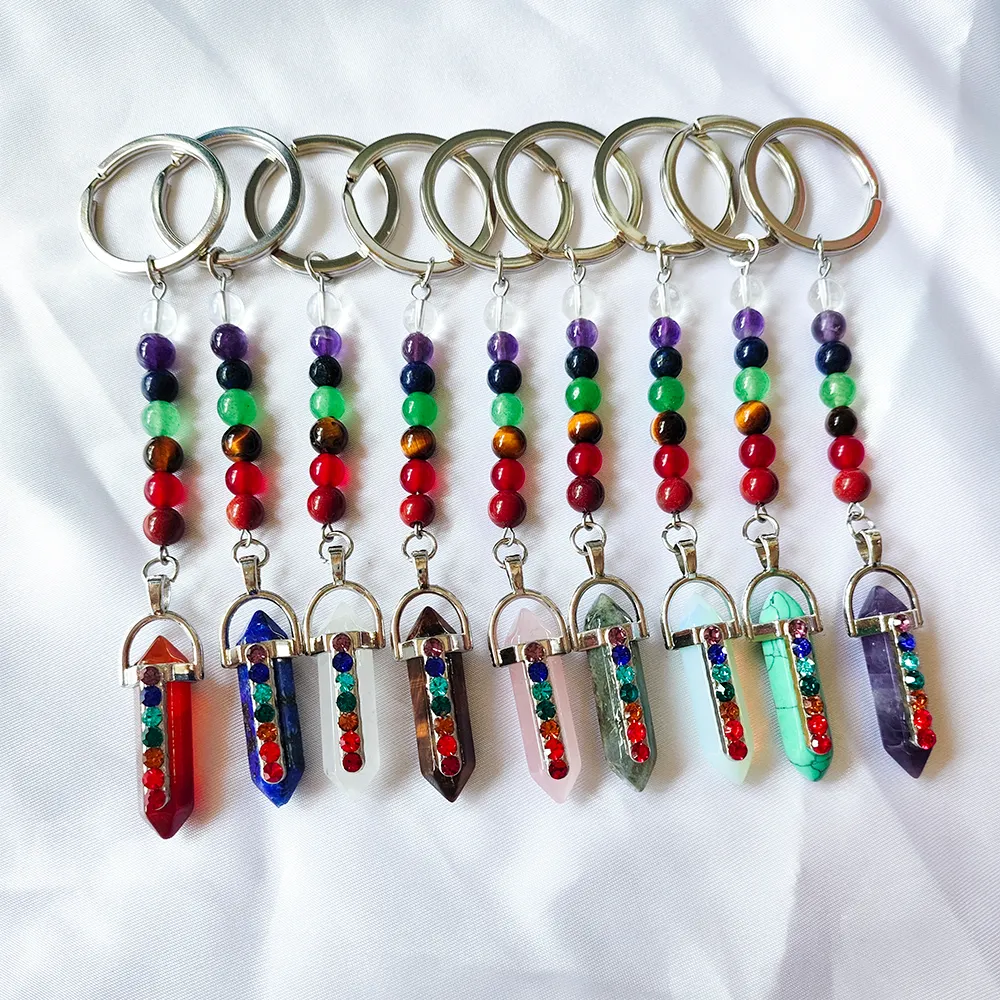 7 Chakra Hexagon Prism Pencil Keychain Natural Stone Healing Crystal ...