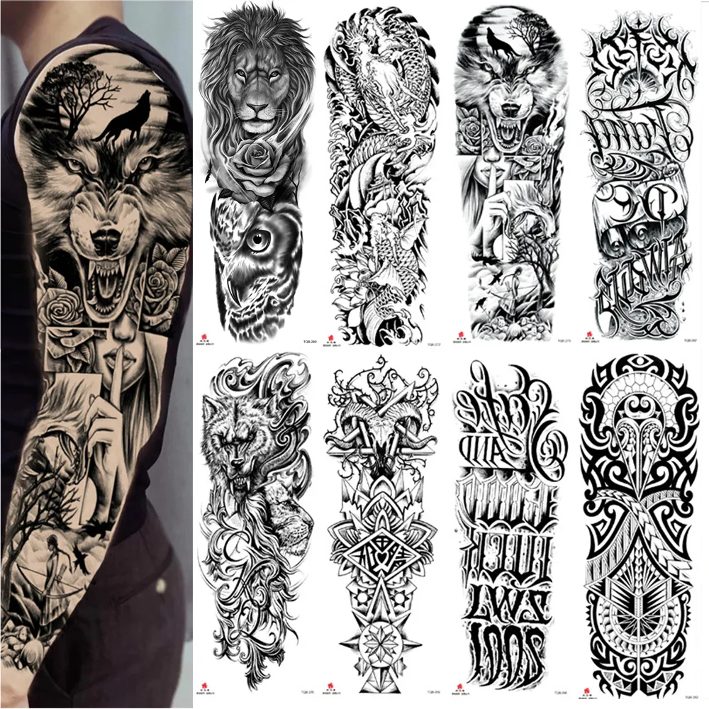 Wolf Lion Fish Horns Geometric Tatoo Stickers For Men Women Body Arm ...