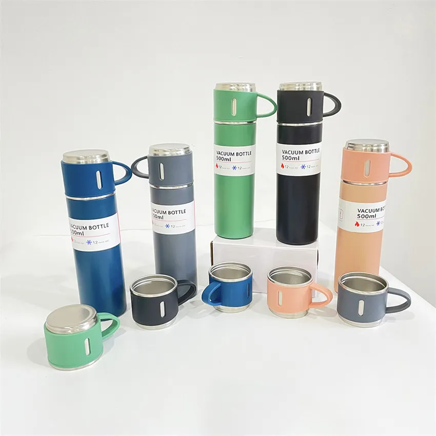 500ml Stainless Steel Water Bottle Gift Set With 3 Cups Vacuum ...