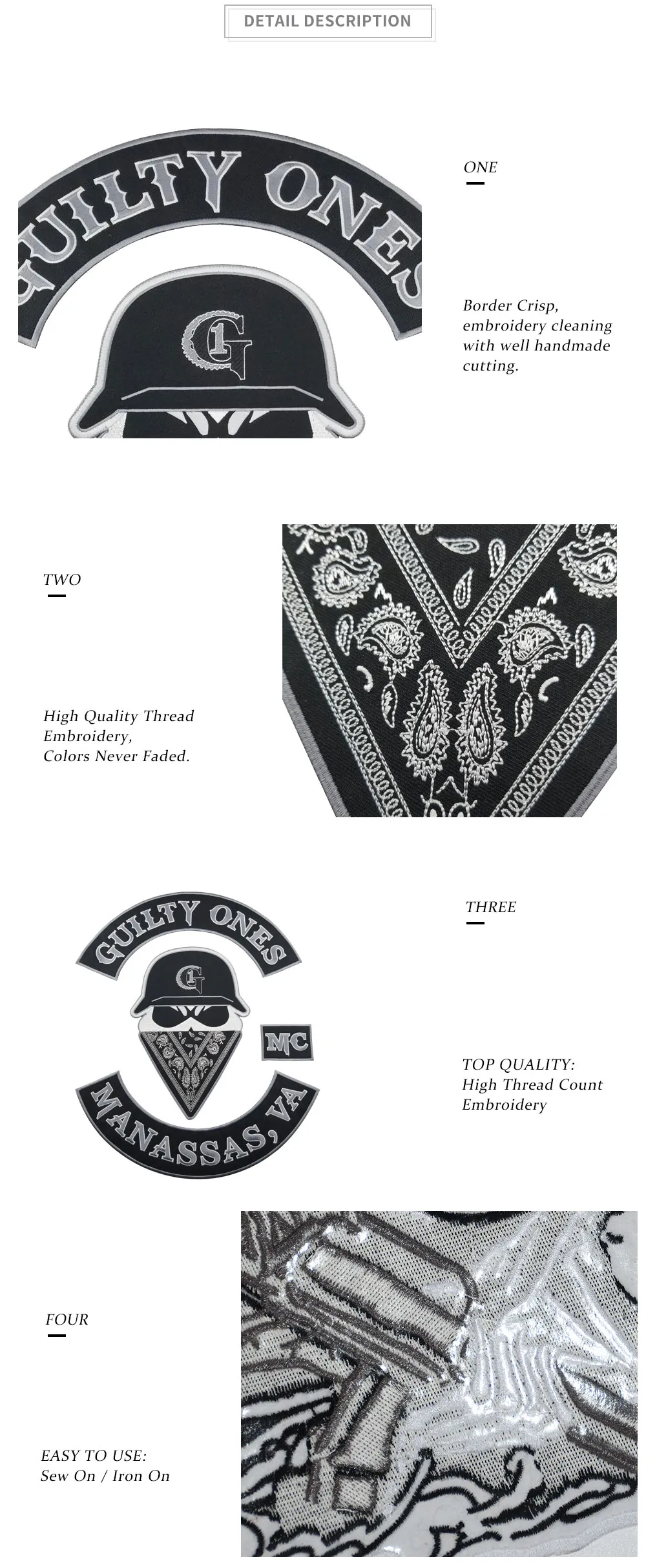 GUILTY ONES MC Motorcycle Biker Patch Large Full Back Twill Embroidery ...