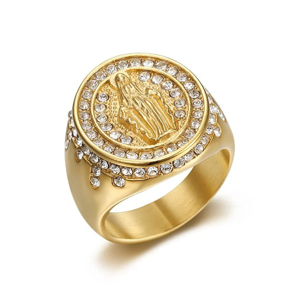 Gold Iced Out Virgin Mary Hip Hop Ring For Women Christian Religious ...