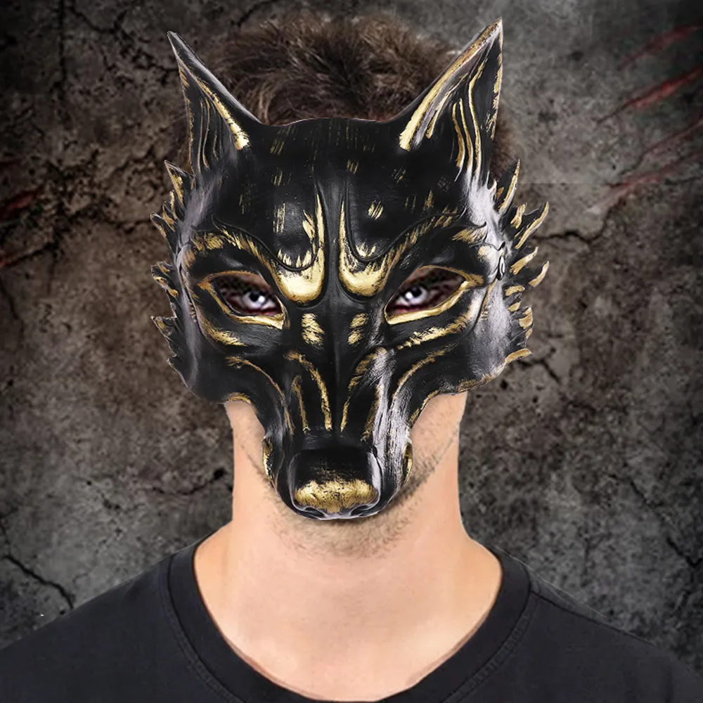 Black Gold Wolf Fox Half Fox Mask Headgear For Masquerade Cosplay ...