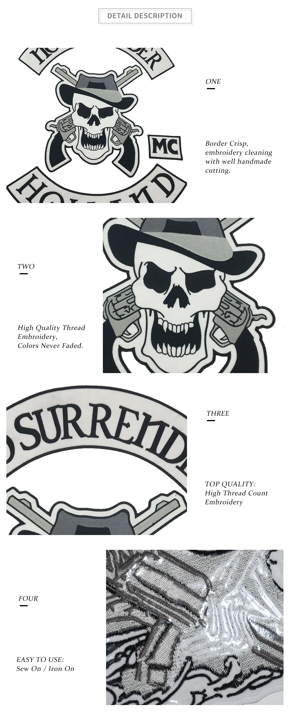 New NO SURRENDER Motorcycle Embroidered Iron On Patch Large Full Back ...