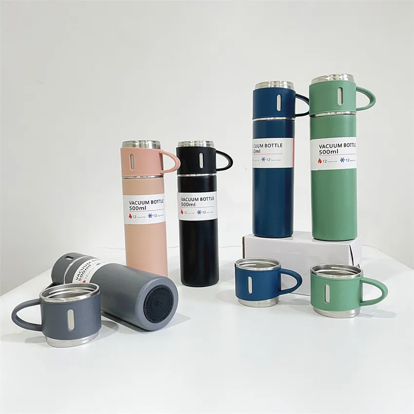 500ml Stainless Steel Water Bottle Gift Set With 3 Cups Vacuum ...