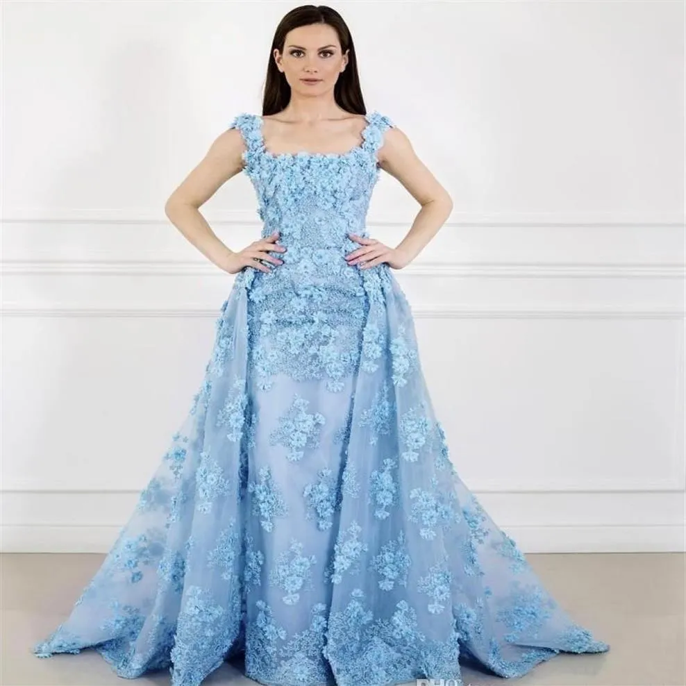 Luxury Square Neck Blue Lace Prom Dress With Detachable Train And 3D ...