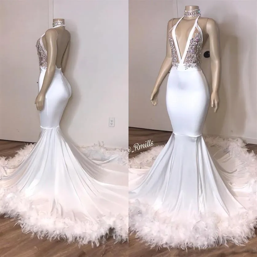 Luxurious White Mermaid Feather Prom Dress With Feather, Deep V Neck, Beaded Crystals, And ...