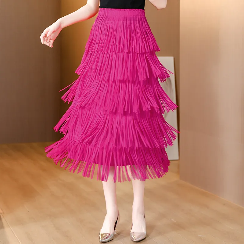 Pleated Midi Skirts High Waist Women Stretch Solid Color Fringe Tassel ...