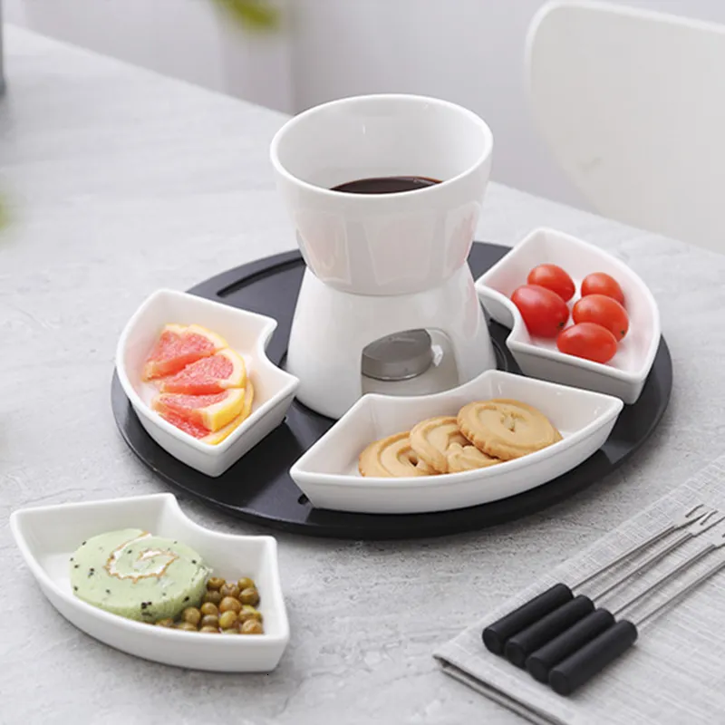 DHgate.com:White Ceramic Chocolate Fondue Set with 4 Dishes and Forks ...
